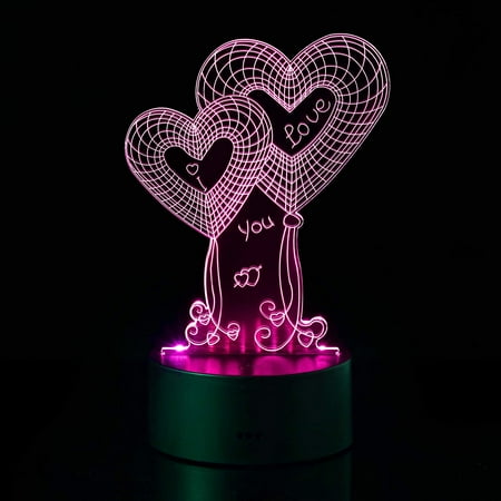 3D Optical Double Heart Balloon Night Light USB 7 Colors Change Sleep ...