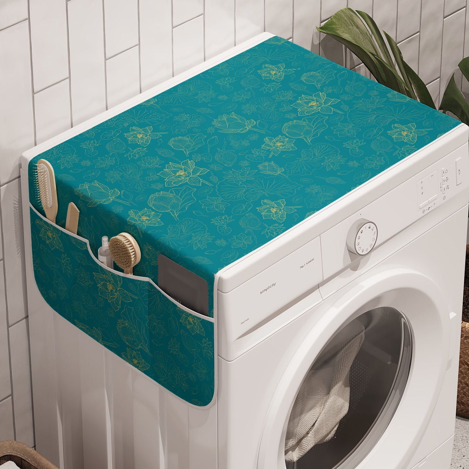 Floral Washing Machine Organizer, Outline Lotus Flowers and Leaves ...