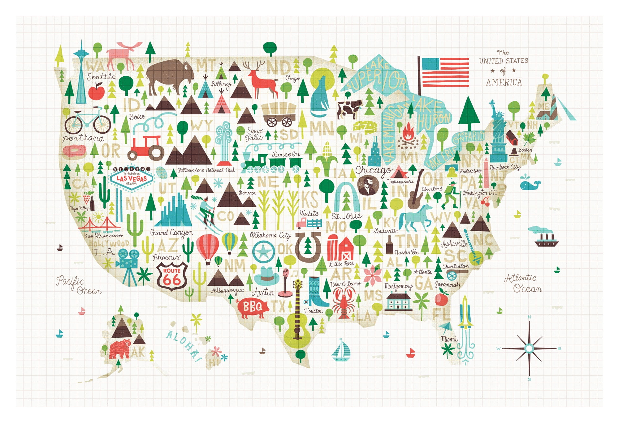 Beautiful City and State Icon Map of The United States by Michael ...