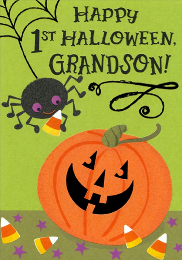 Designer Greetings Cute Spider Holding Candy Corn and Smiling Pumpkin ...