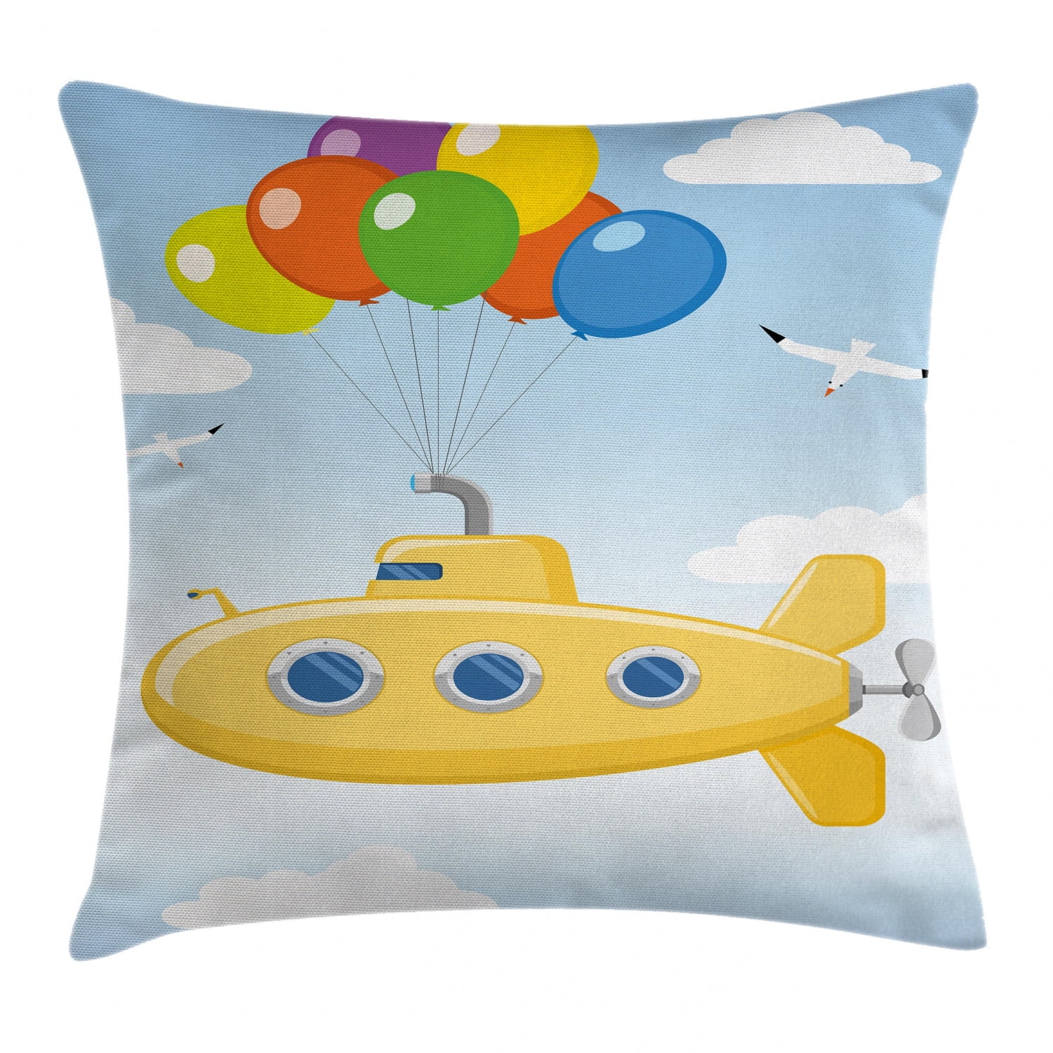 Yellow Submarine Throw Pillow Cushion Cover, Blue Sky with Colorful ...