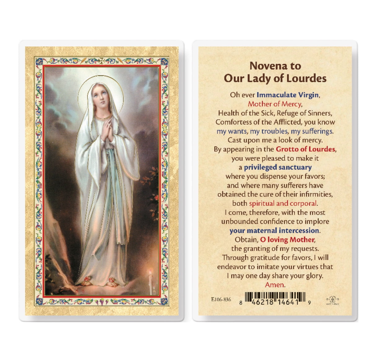 Novena to Our Lady of Lourdes Gold-Stamped Laminated Catholic Prayer Holy Card with Prayer on ...
