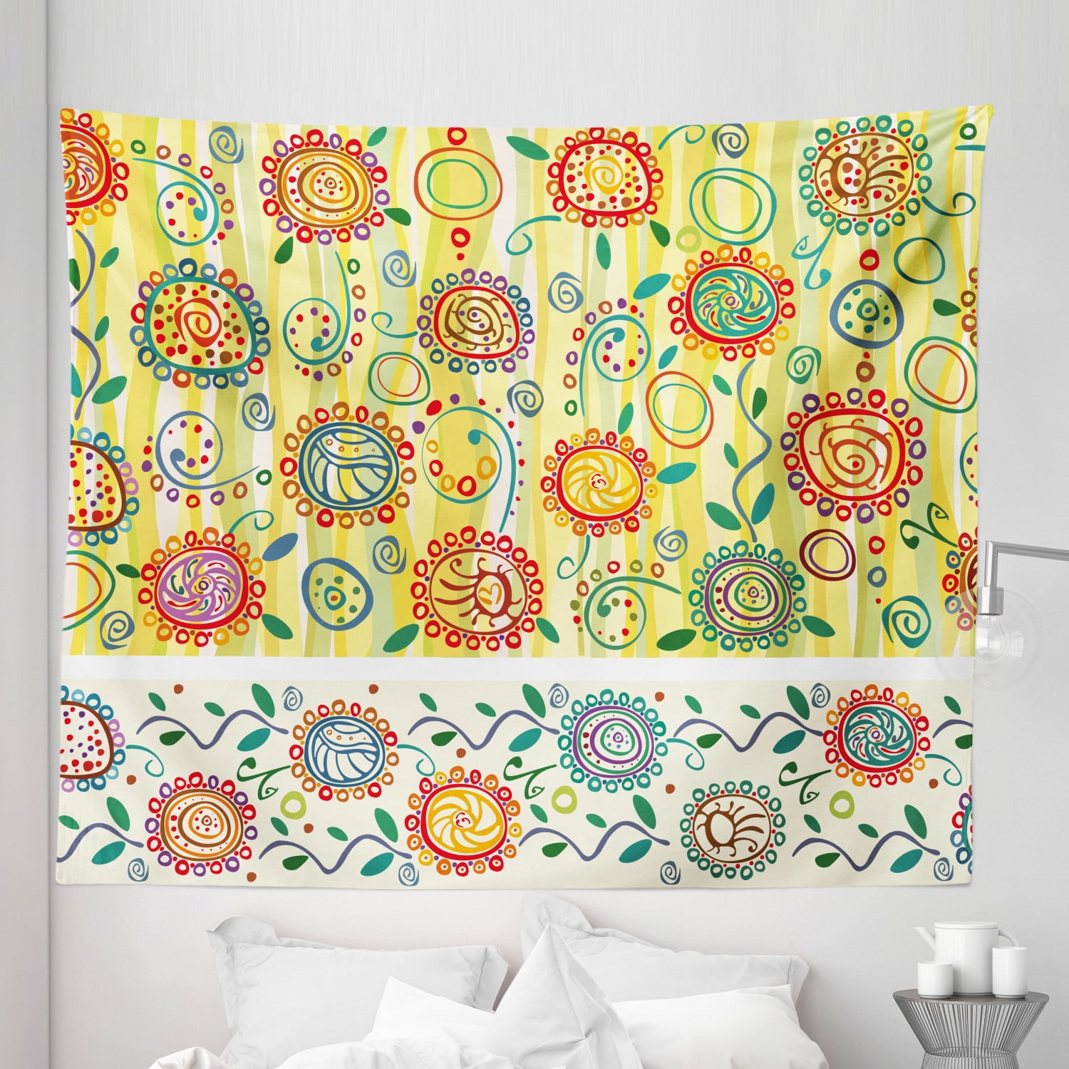 Colorful Tapestry, Abstract Motives on Pastel Green Tones Wavy Backdrop ...