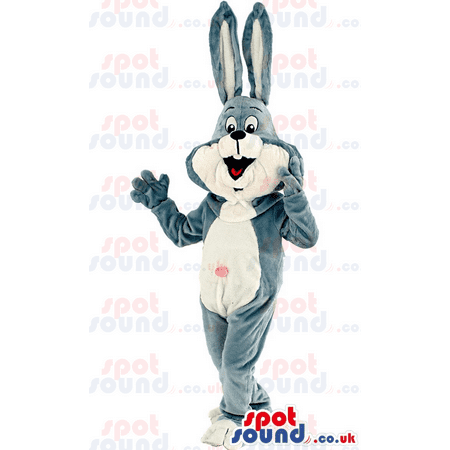 Blue & white cute bunny rabbit saying hi with his waving hand - Mascots ...