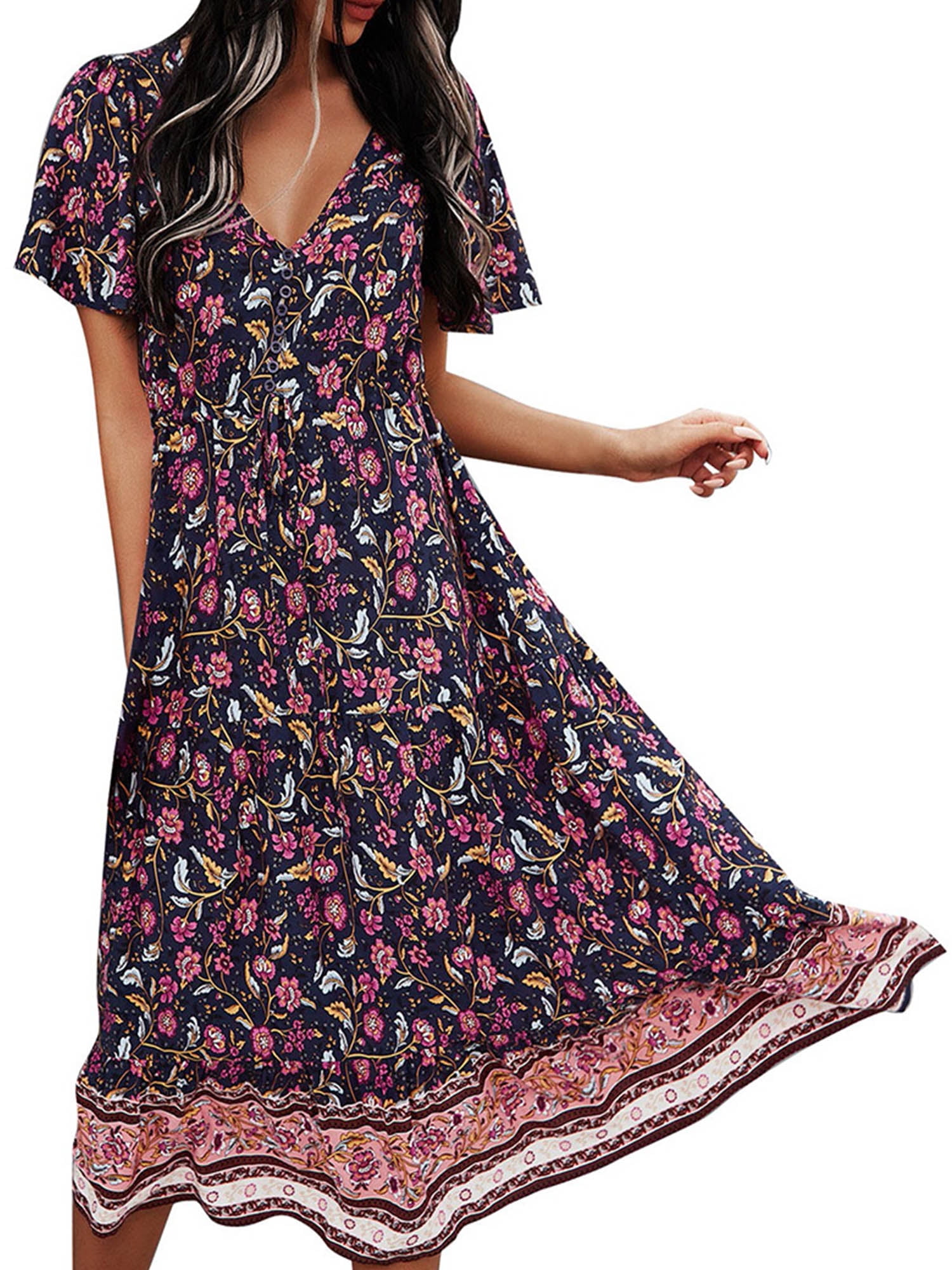 Zdcdcd Women's Short Sleeve V Neck Sundress Floral A-line Swing Maxi ...