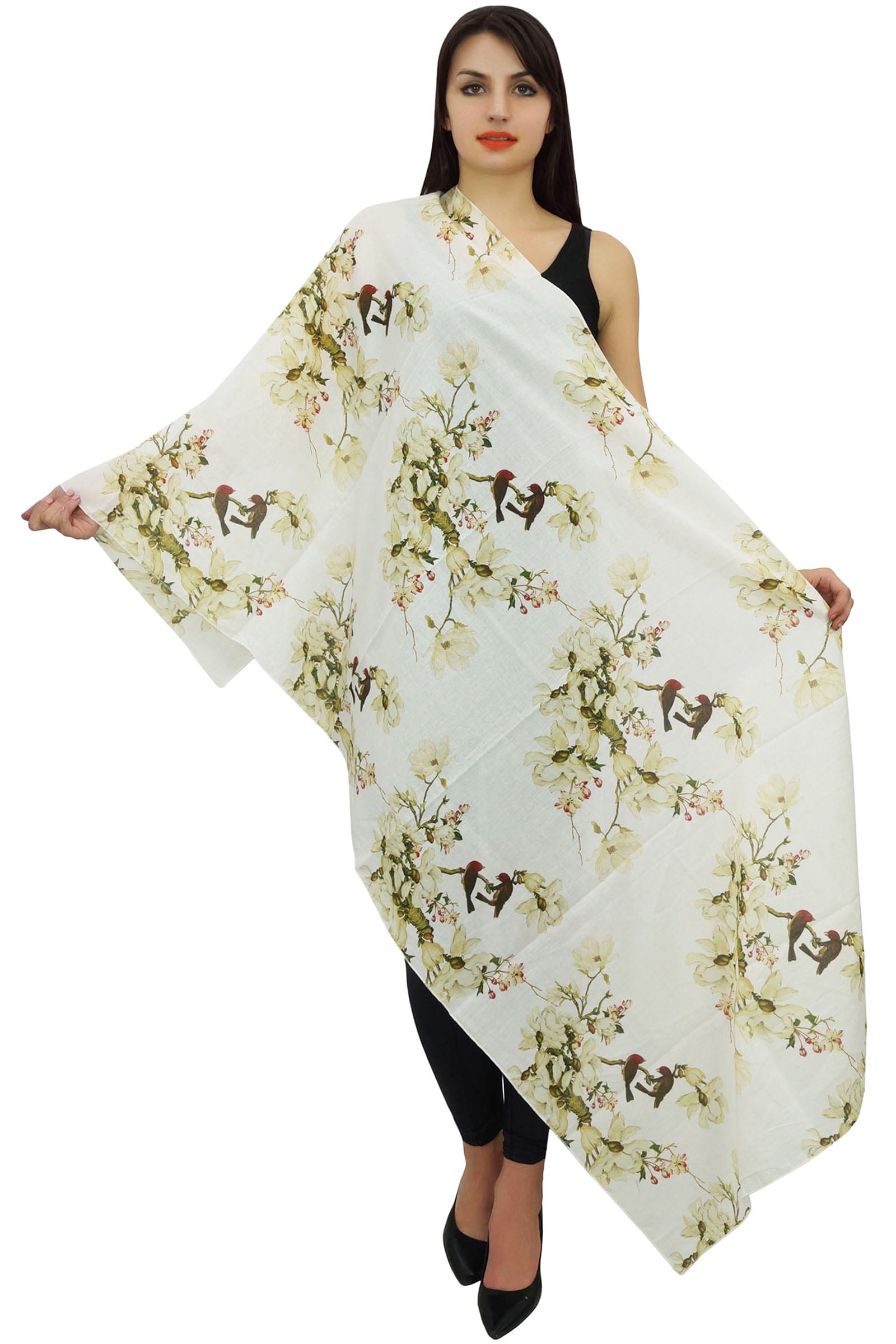 Phagun Floral & Bird Print Women Neck Wrap Scarf Sarong Cotton Voile ...