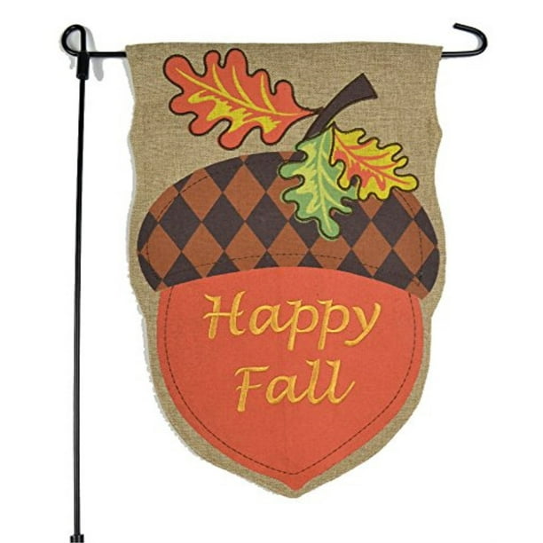fall garden flag with happy fall acorn - 12x18 on burlap - home garden ...