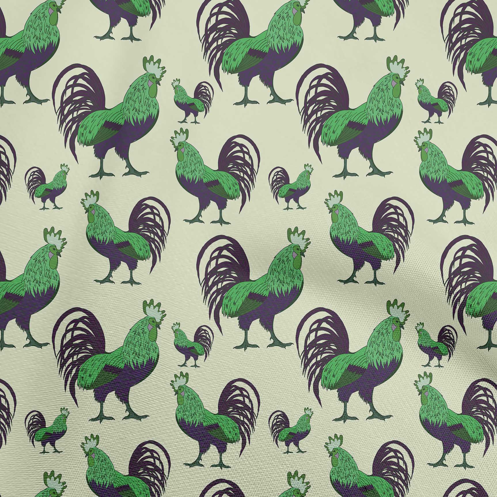 oneOone Silk Tabby Forest Green Fabric Birds Rooster Sewing Material ...