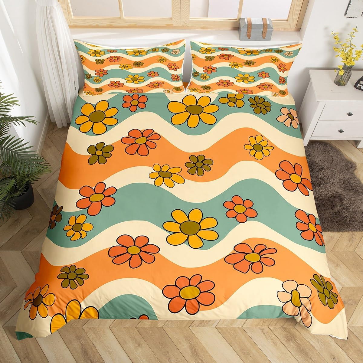 80s Retro Bedding Set Queen Size, Vintage Flower Duvet Cover for Kids ...