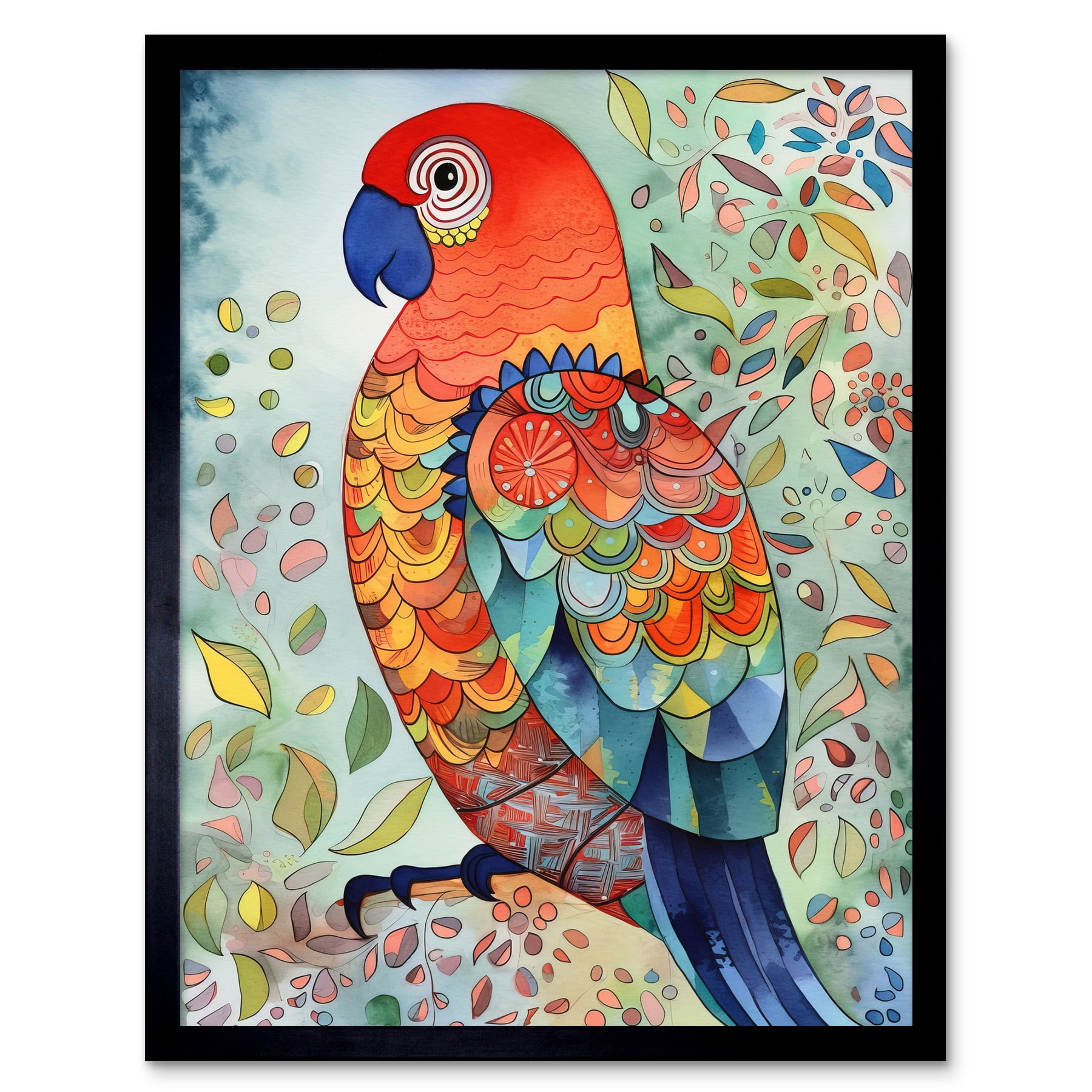 Parrot Bird Portrait Folk Art Watercolour Painting Art Print Framed ...