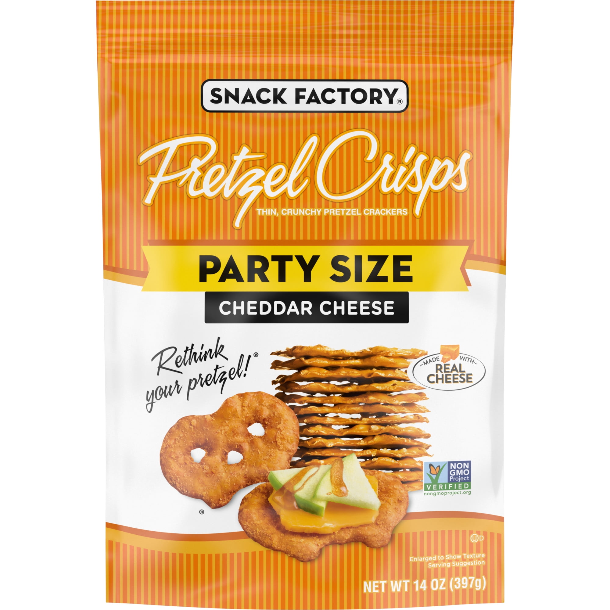 Snack Factory Pretzel Crisps, Cheddar Cheese, Party Size, 14 Oz ...