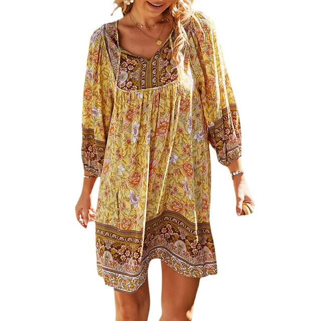 Women Summer Elegant Boho Floral Printed Dress 3/4 Sleeve V Neck Loose ...