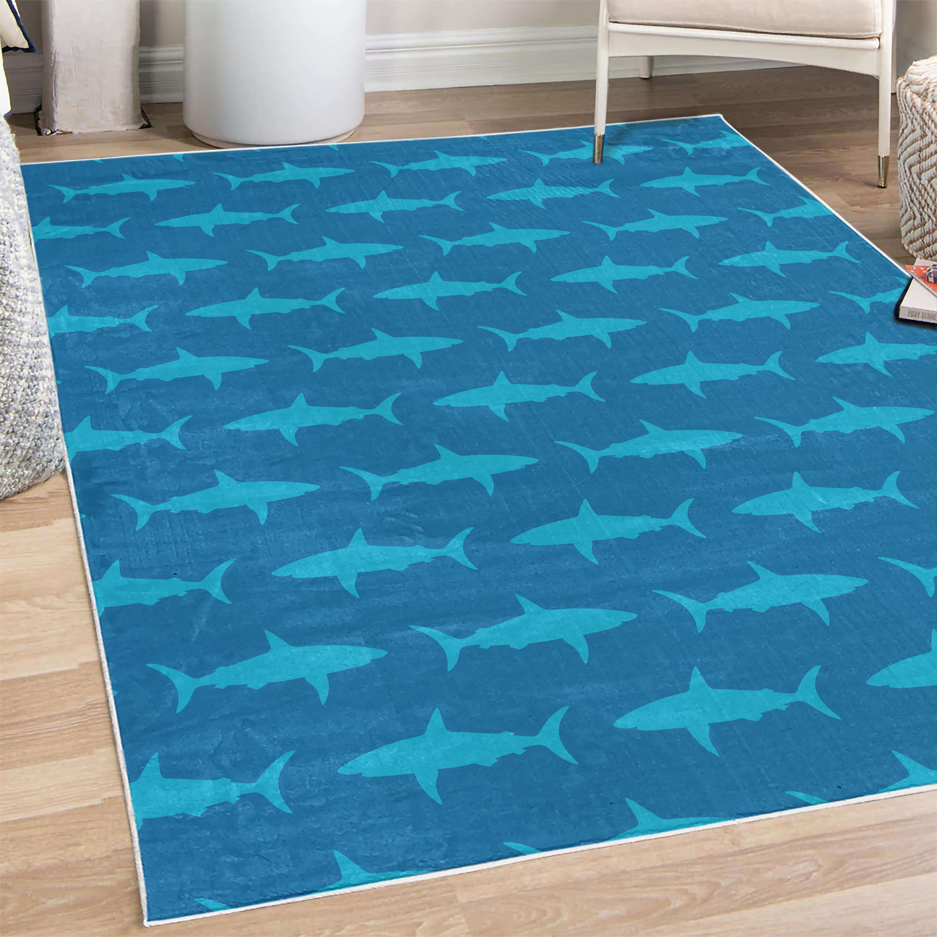 Sea Animals Decorative Rug, Sharks Swimming Horizontal Silhouettes ...