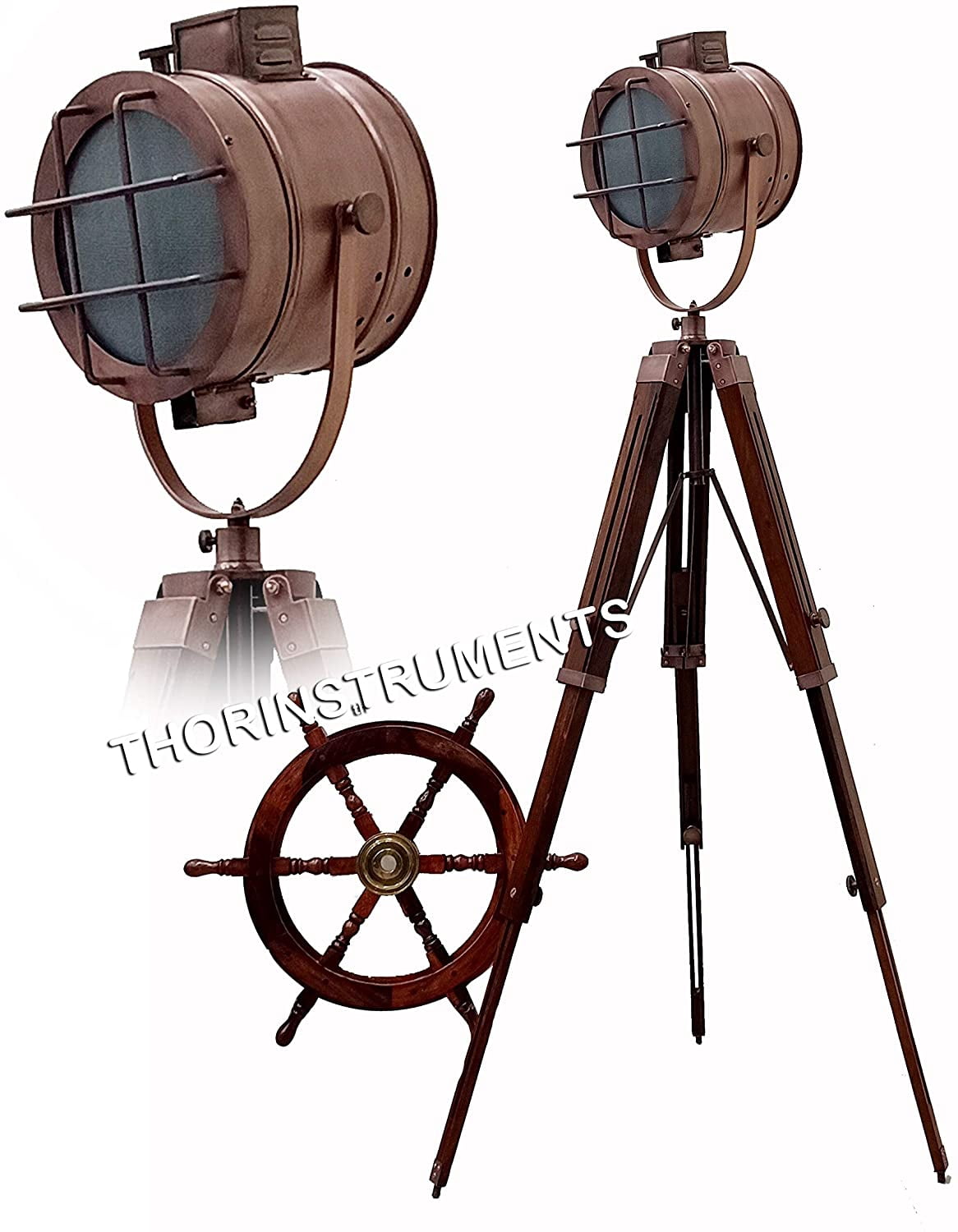 Vintage Industrial Nautical Copper Searchlight Tripod Studio Floor Lamp ...