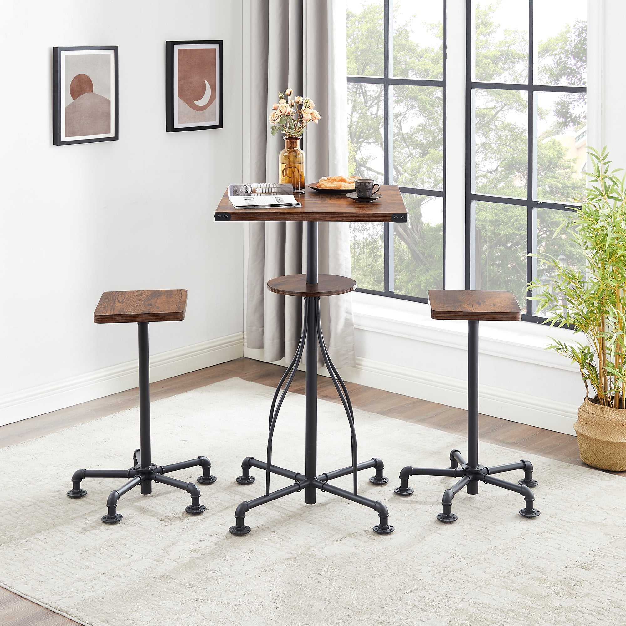 VECELO 3 Pieces Bar Table Set, 2-Tier Square Pub Bistro Table and ...