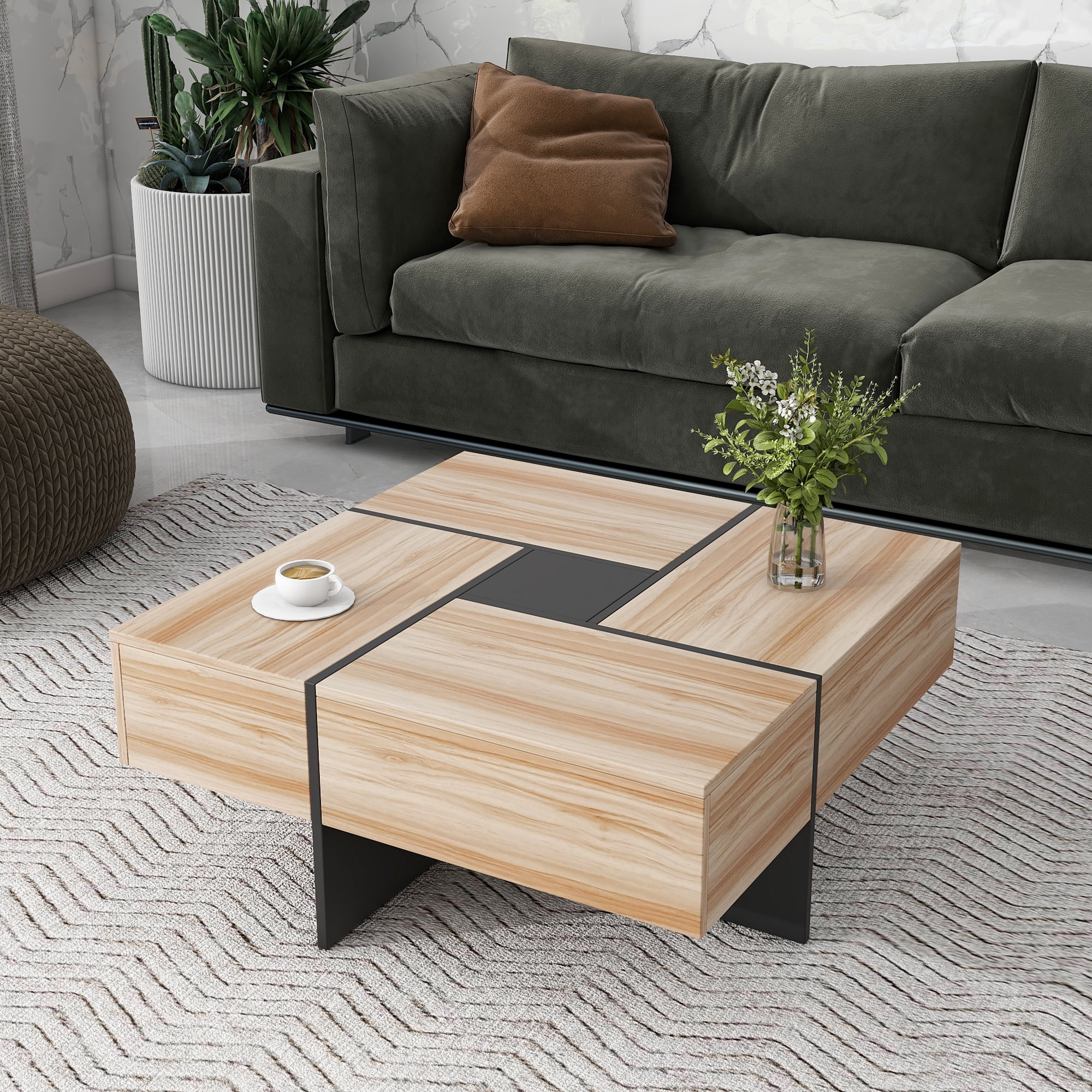 Royard Oaktree Square Coffee Table with 4 Hidden Storage Compartments ...