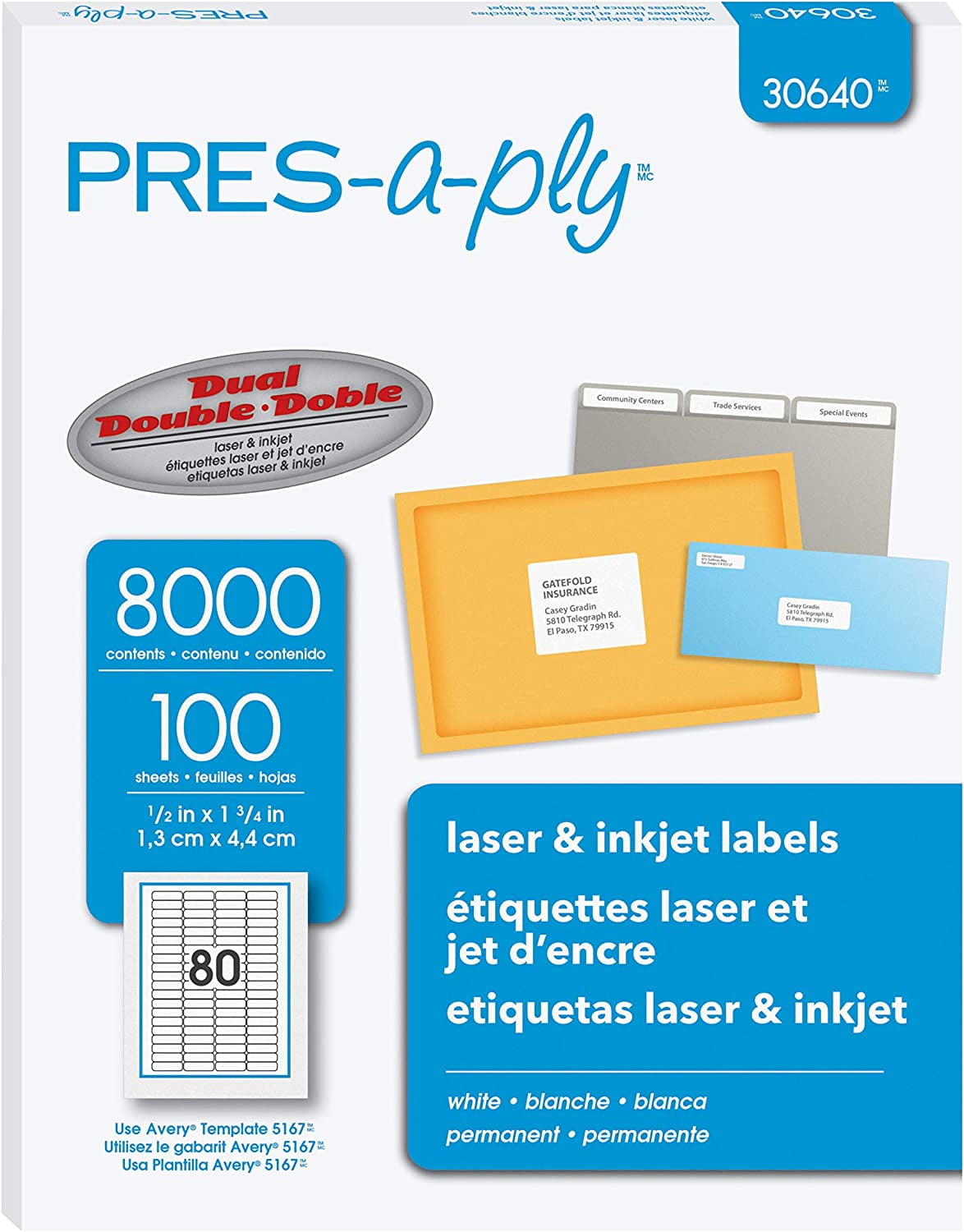PRES-a-ply Labels for Laser & Inkjet Printers, 5 x 1.75, White, Box of ...
