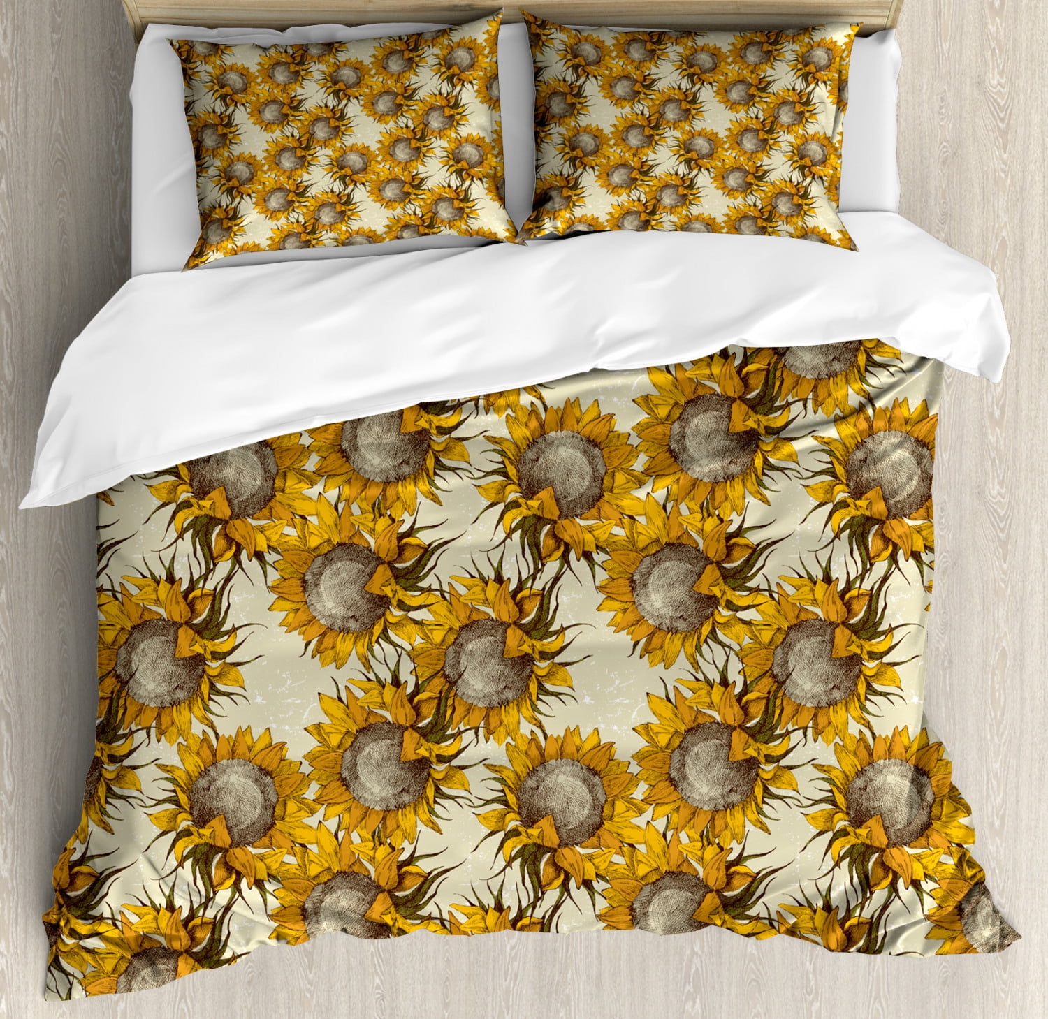Sunflower Queen Size Duvet Cover Set Vintage Style Ornament With