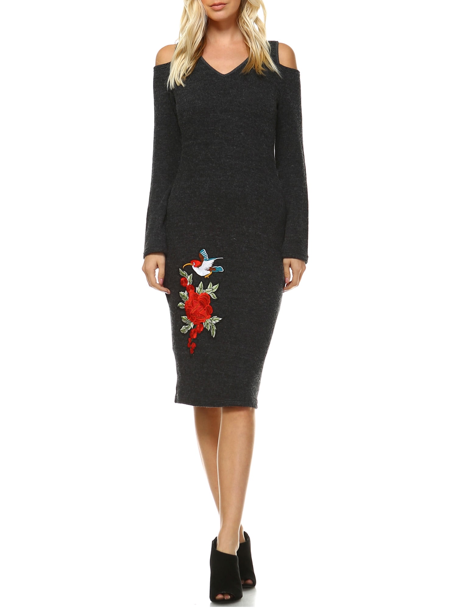 Women's Olympia Cut-Out Shoulder Embroidered Midi Sweater Dress ...