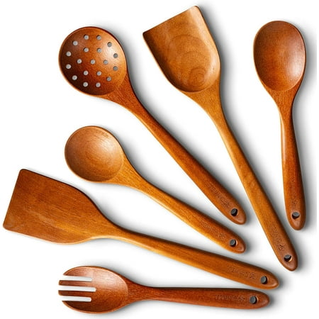 6 Piece Wooden Kitchen Utensil Set, Non-Stick Oak Wood Cookware ...