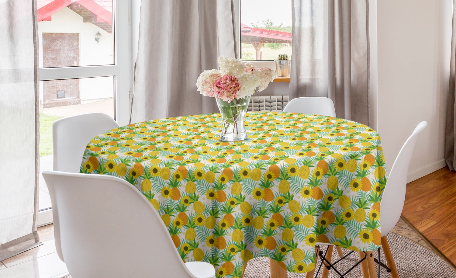 Summer Round Tablecloth, Continuous Doodle Style Sunflowers and ...