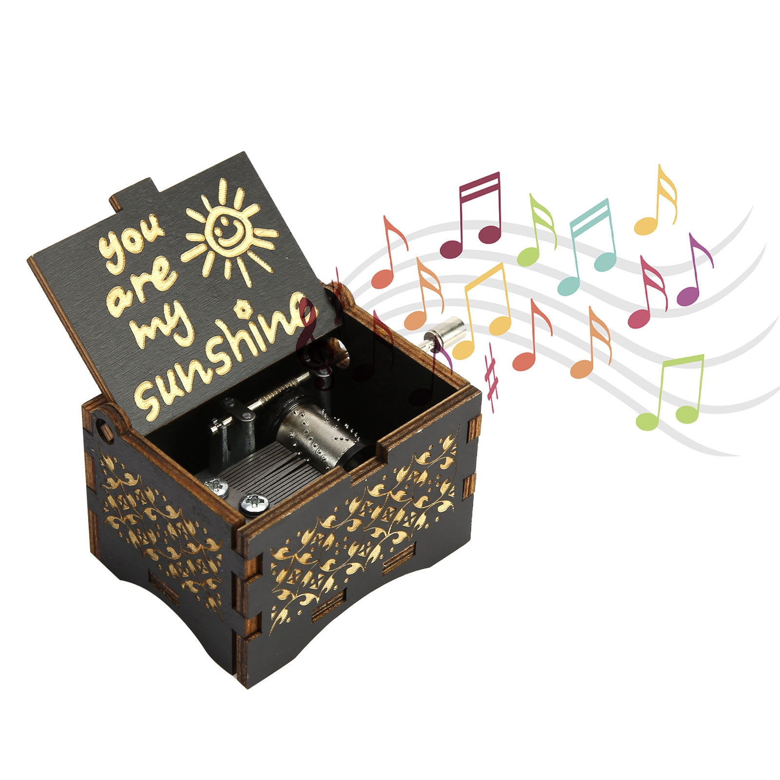 Travelwant Vintage Wooden Music Box Hand Cranked Engraved Small Musical ...