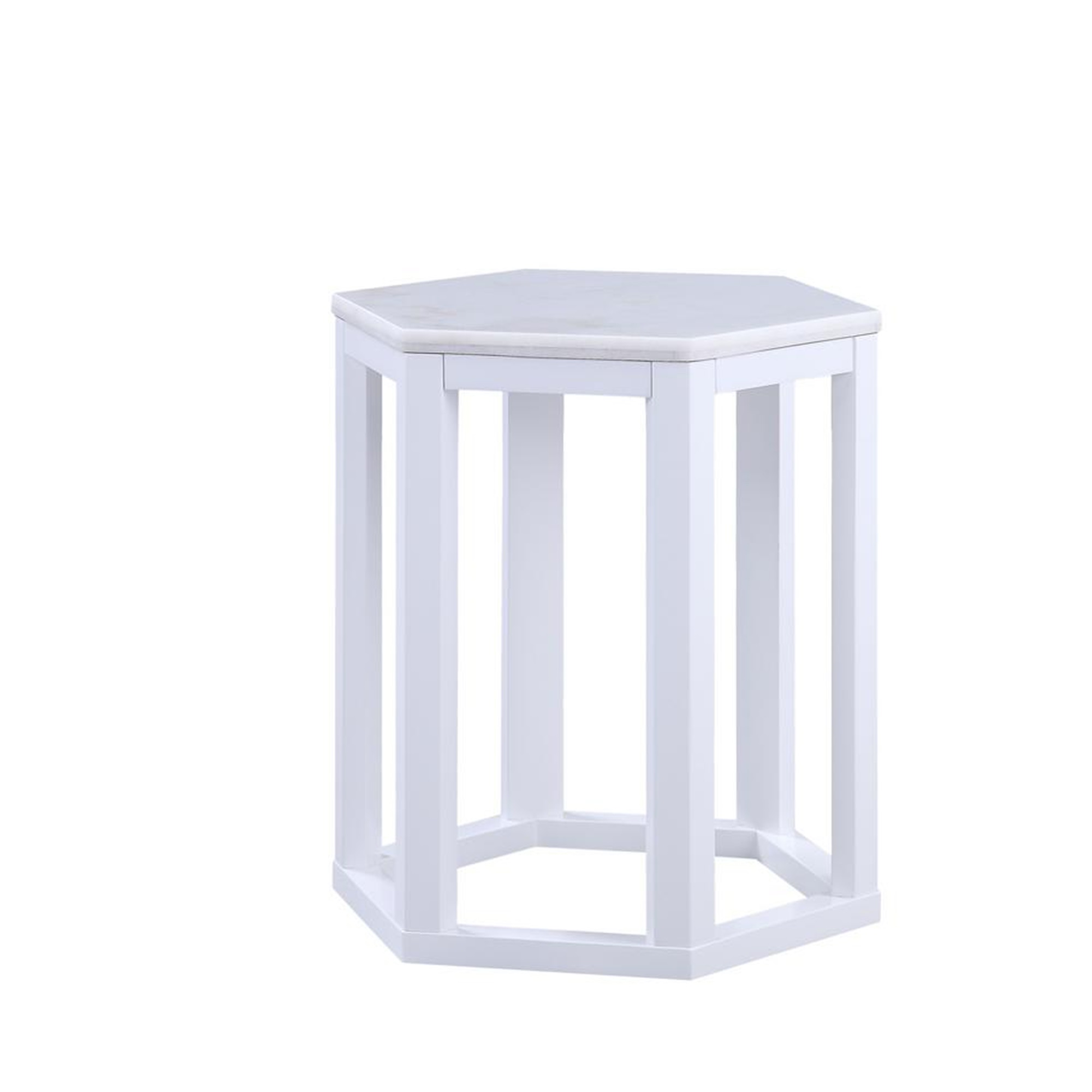 Hexagonal Shape Wooden End Table with Marble Top, Pack of Two, White ...
