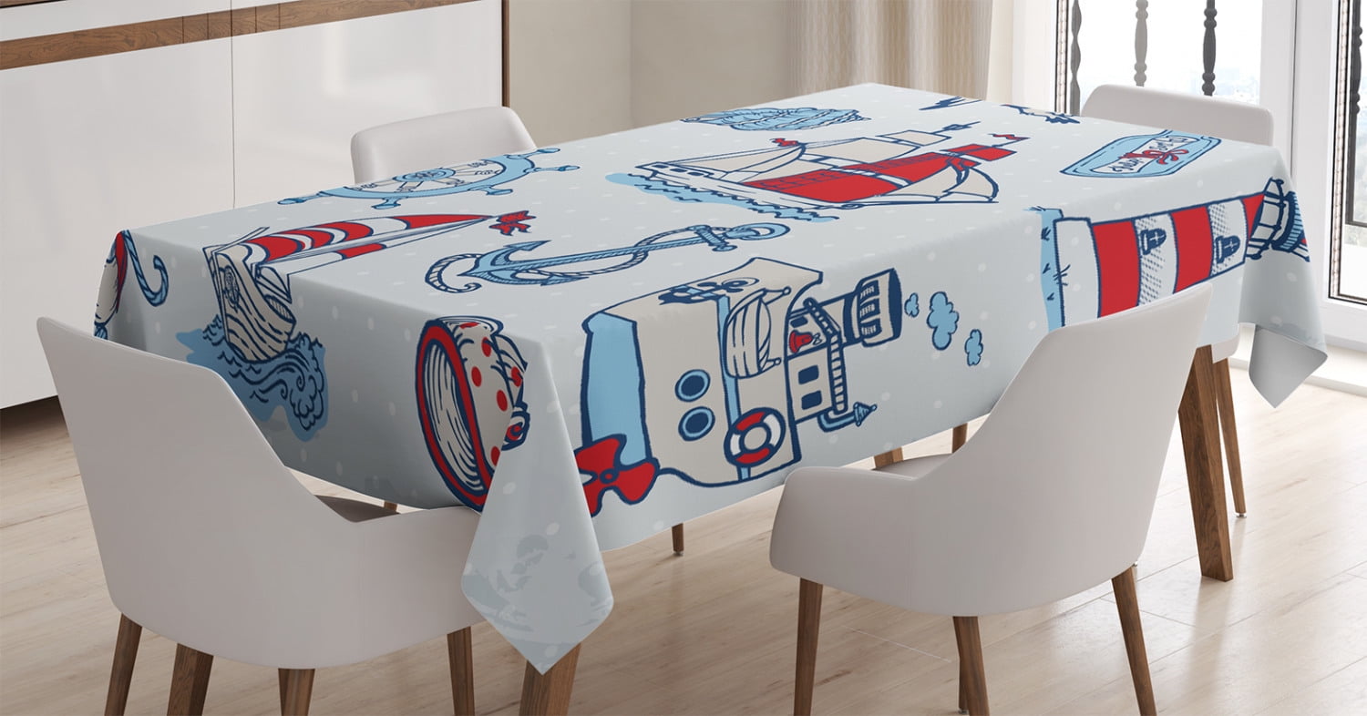 Nautical Decor Tablecloth, Sea Creatures Navigation Gulls Compass Kids ...