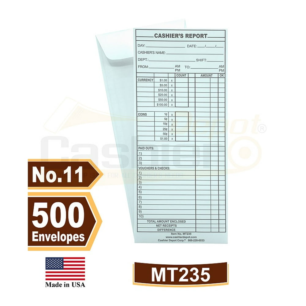 500 Cashier Depot MT235 Cashier's Report Envelope, 4 1/2" x 10 3/8 ...