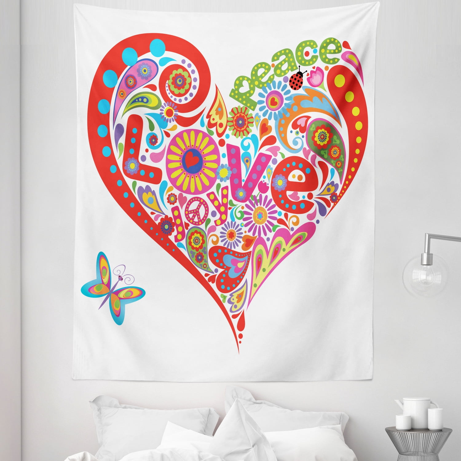 Hippie Tapestry, Hippie Heart Shape Colorful Flowers Butterfly ...