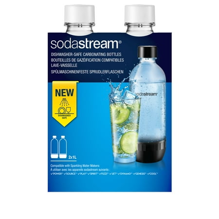 SodaStream 1 Liter Dishwasher-Safe Classic White Carbonating Bottle, 2 ...