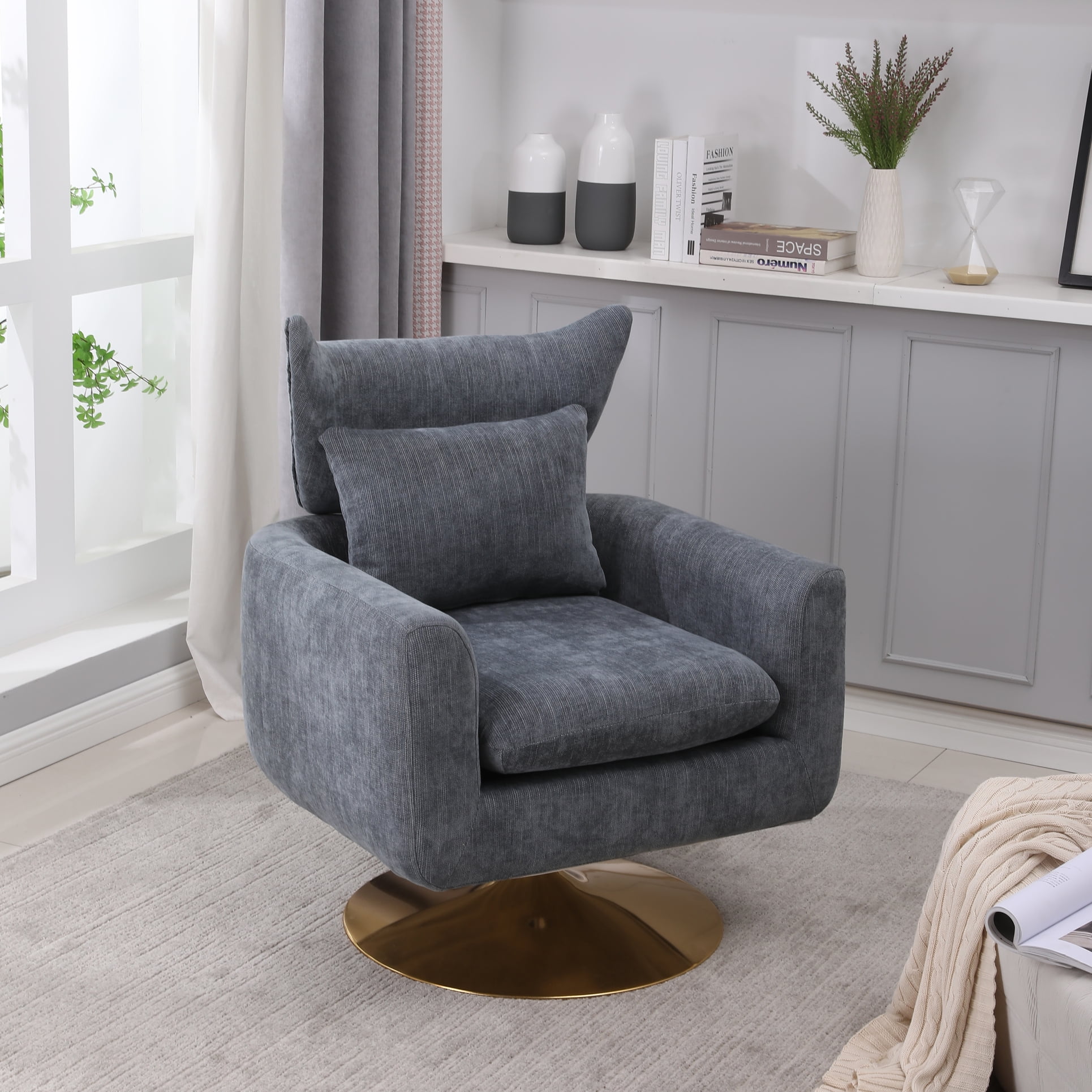 360-degree Swivel Single Chair with Headrest, Mid-Century Barrel Chair ...