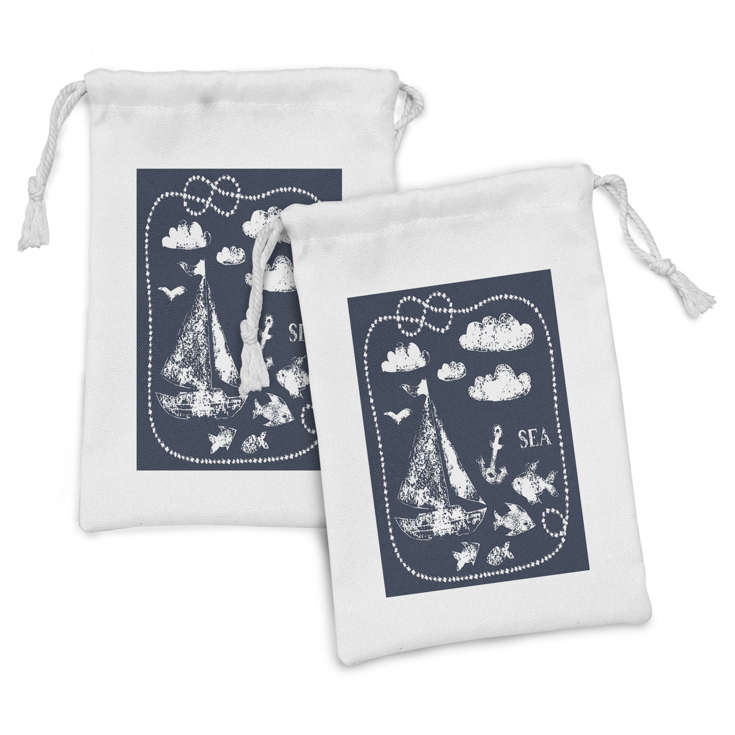 Navy Blue Fabric Pouch Set of 2, Sea Themed Hand Print Grunge Elements ...