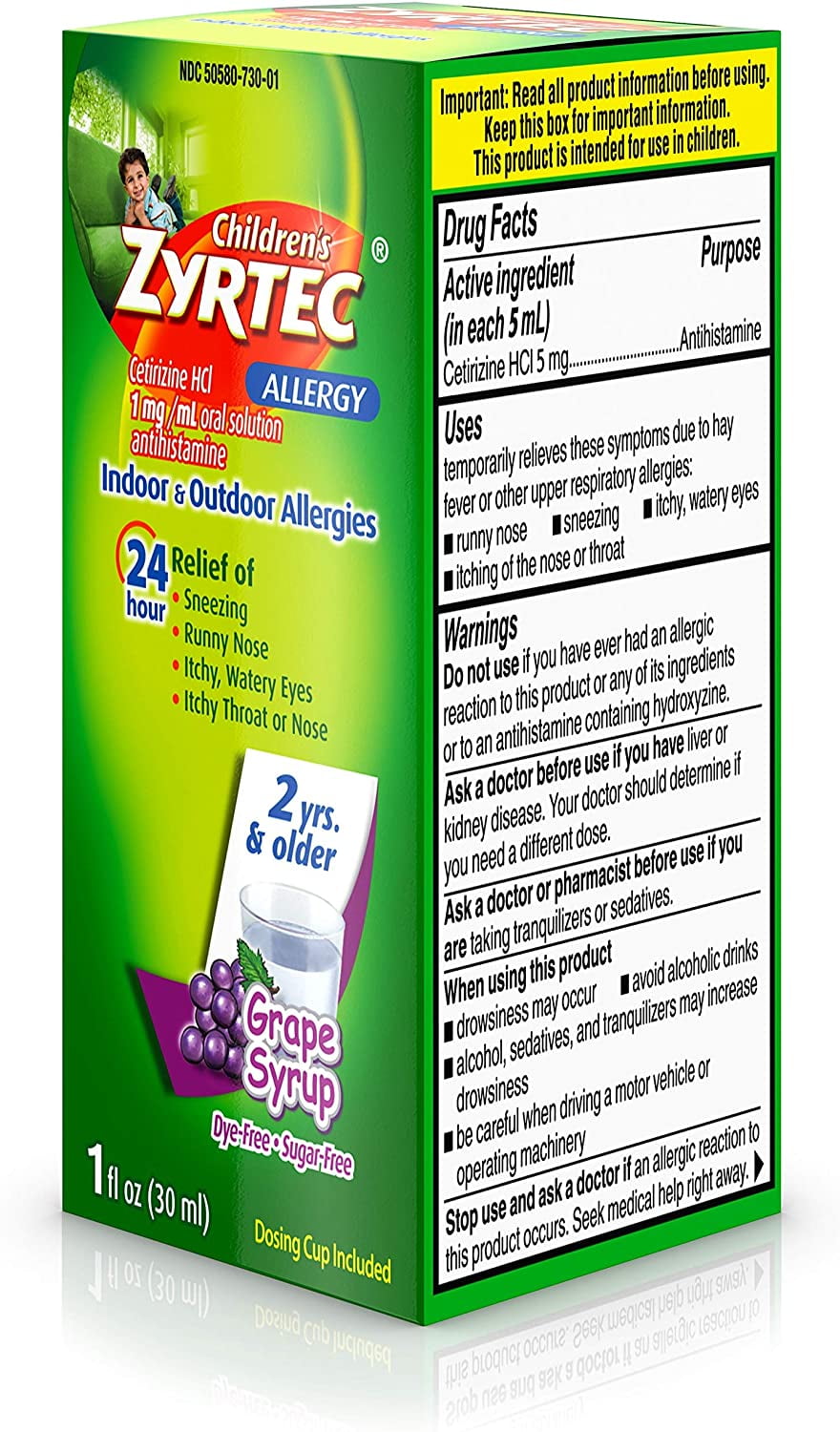 Zyrtec Children s Allergy Syrup, Dye-Free, Sugar-Free Grape 1 oz (Pack ...