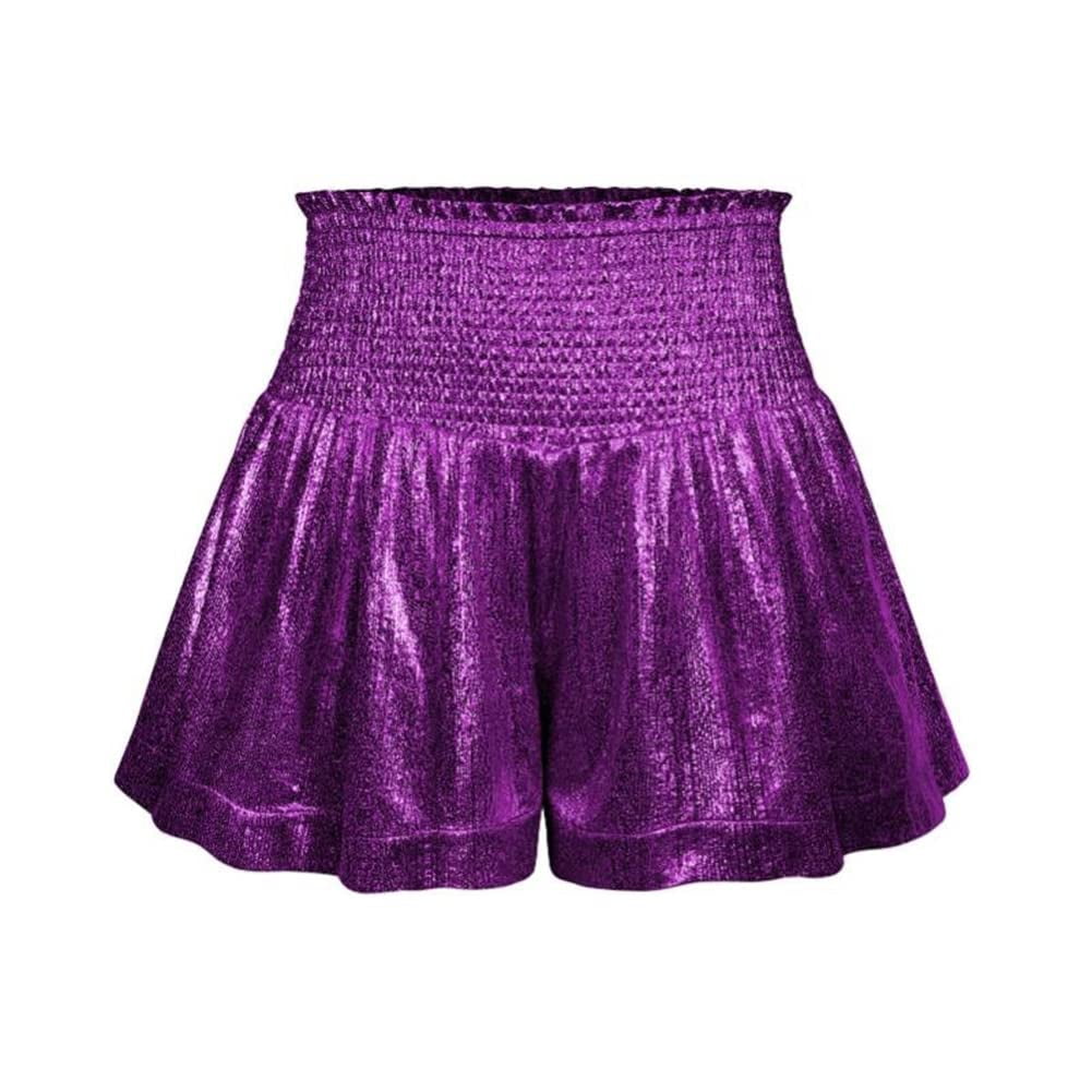 HAORUN Women Shiny Shirred Wide Leg Shorts Ruffle Elastic High Waist ...