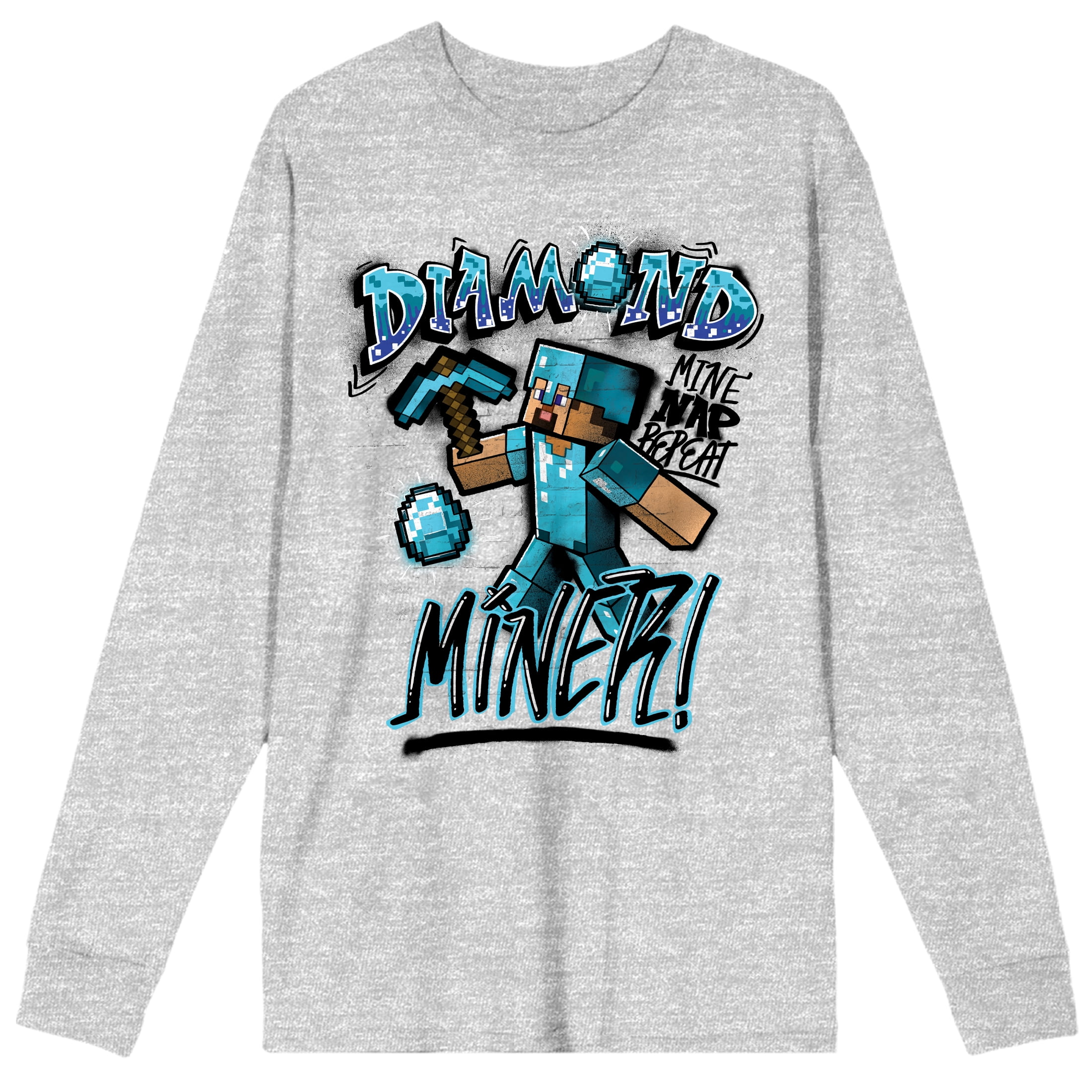 Minecraft Diamond Miner Men's Athletic Heather Long Sleeve Shirt-XL ...