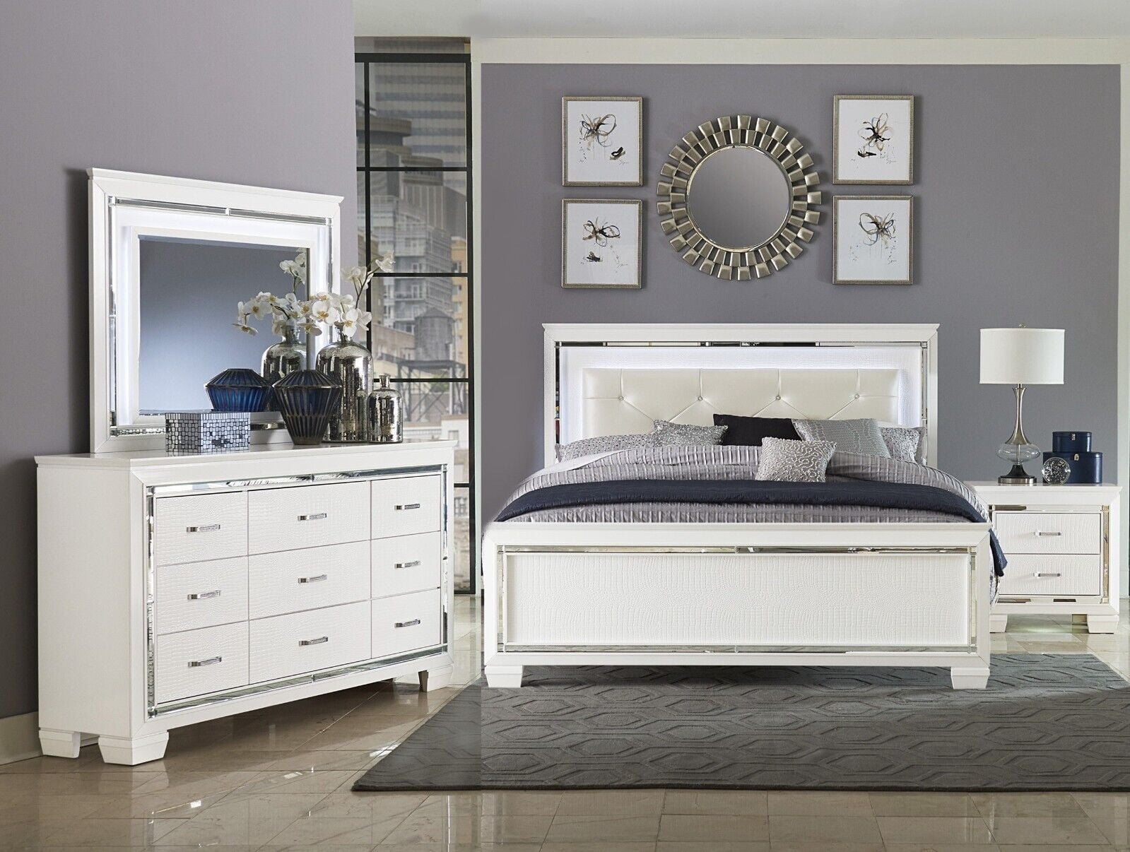 Glamorous Design White Bedroom Set 4pc Queen Button-Tufted LED ...