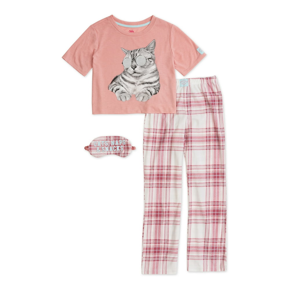 Justice Justice Girls Short Sleeve Top And Plaid Pant 3 Piece Pajama