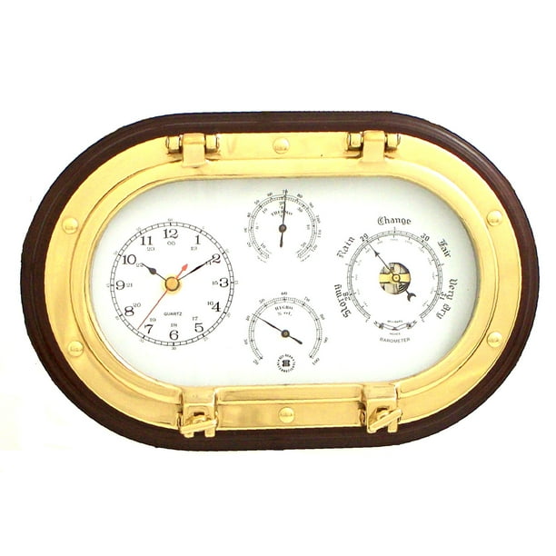 Lacquered Brass Oval Porthole Quartz Clock, Barometer, Thermometer and ...