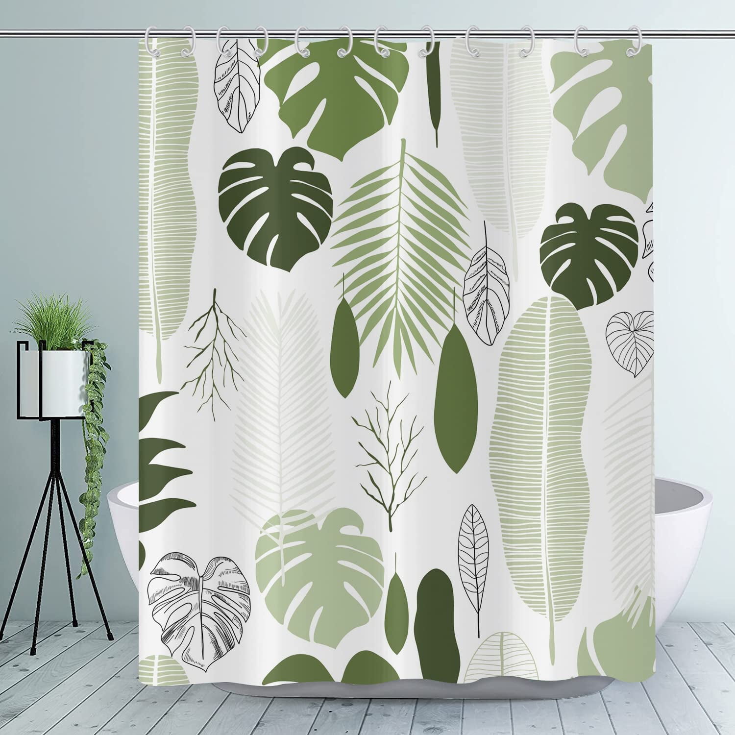 Green Leaves Shower Curtain, Tropical Palm Leaf Abstract Plants ...
