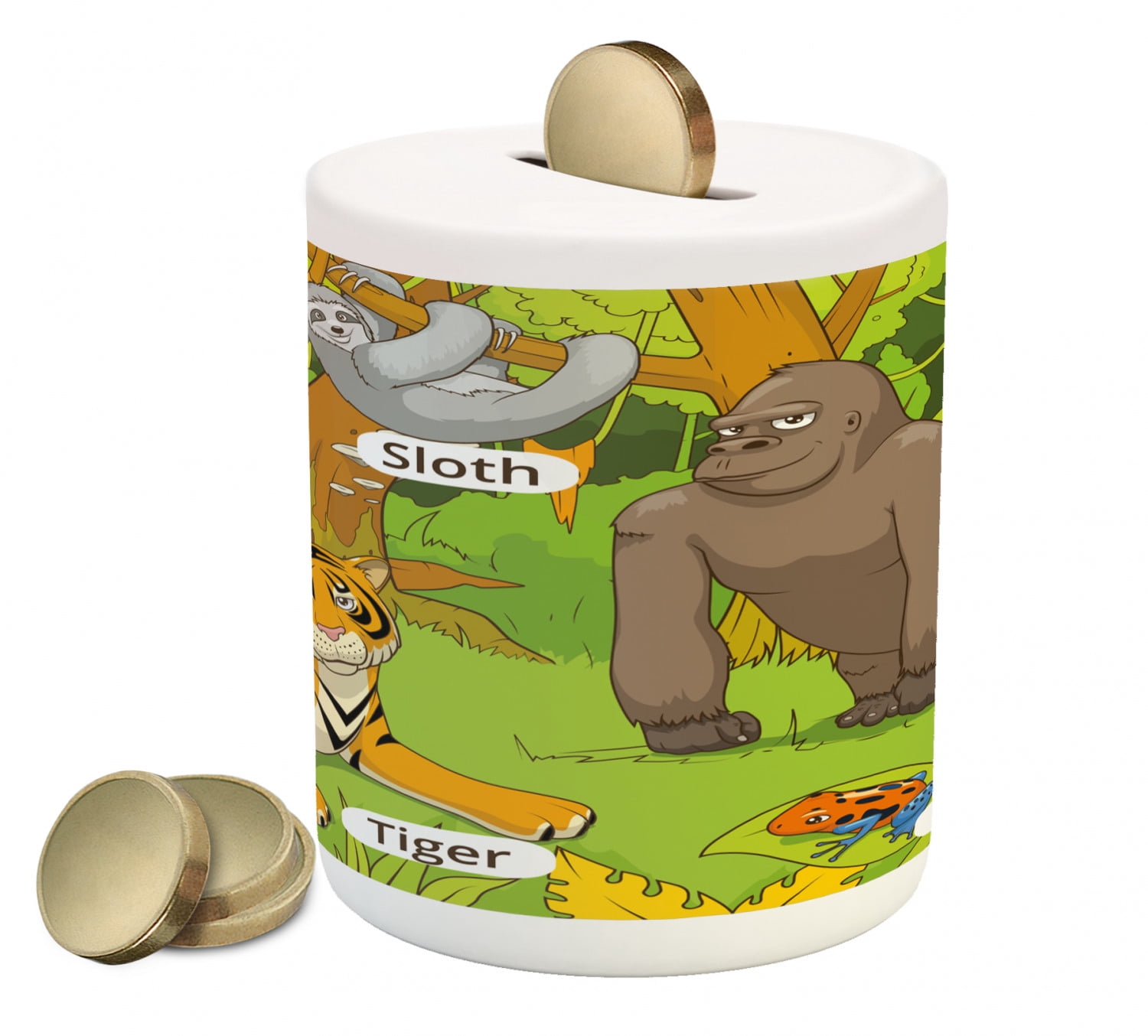 Science Piggy Bank, Jungle Animals Colorful Funny Hand Drawn Style Zoo ...