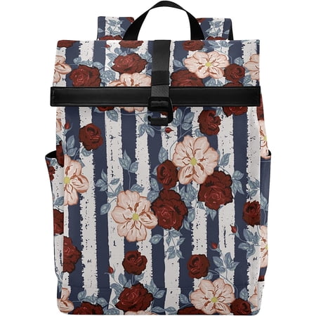 Rose Flower Stripe Background Backpack Roll Top Daypack Laptop Work ...