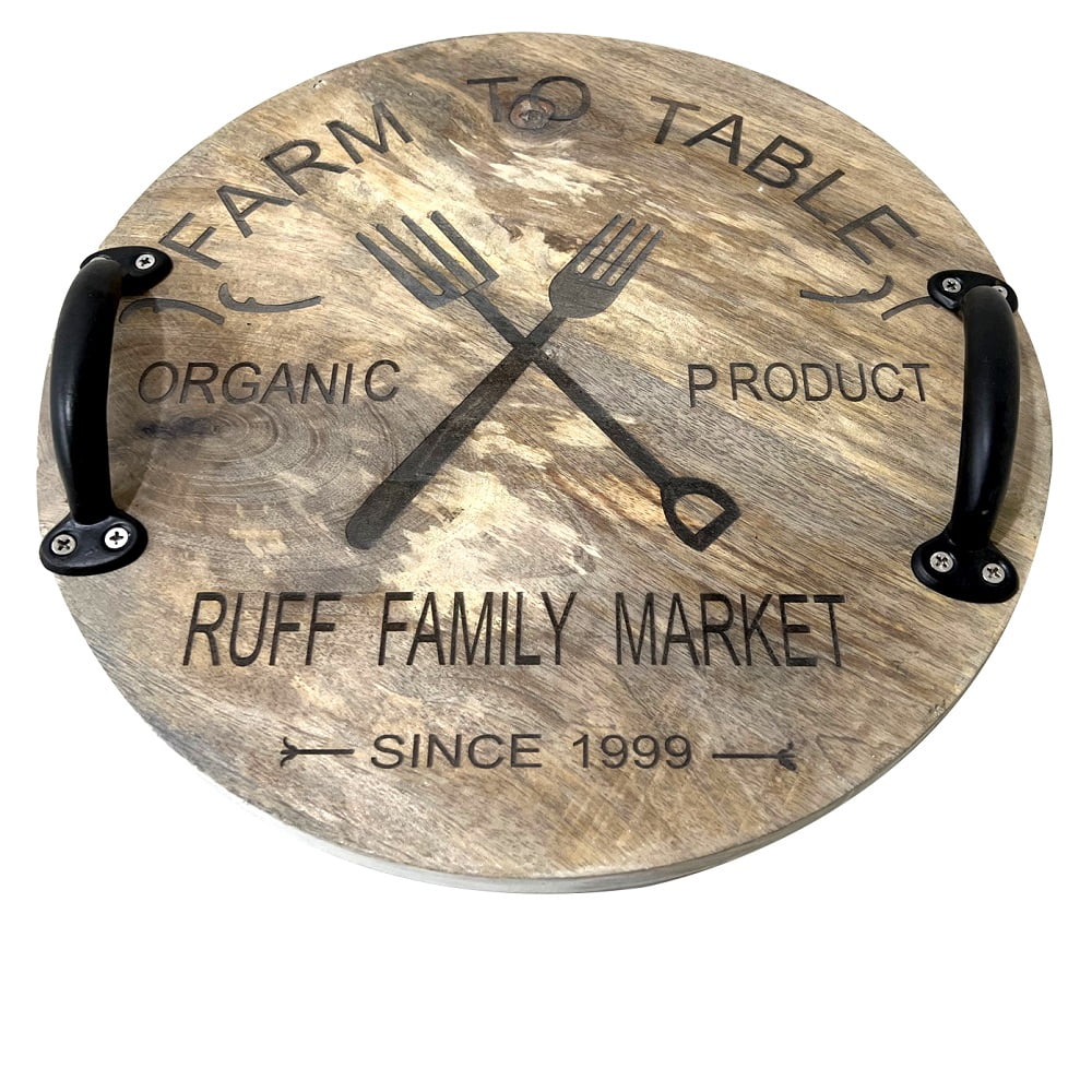 Handmade Vintage Tray Platter Black Metal Handles Wooden Circle Tray ...