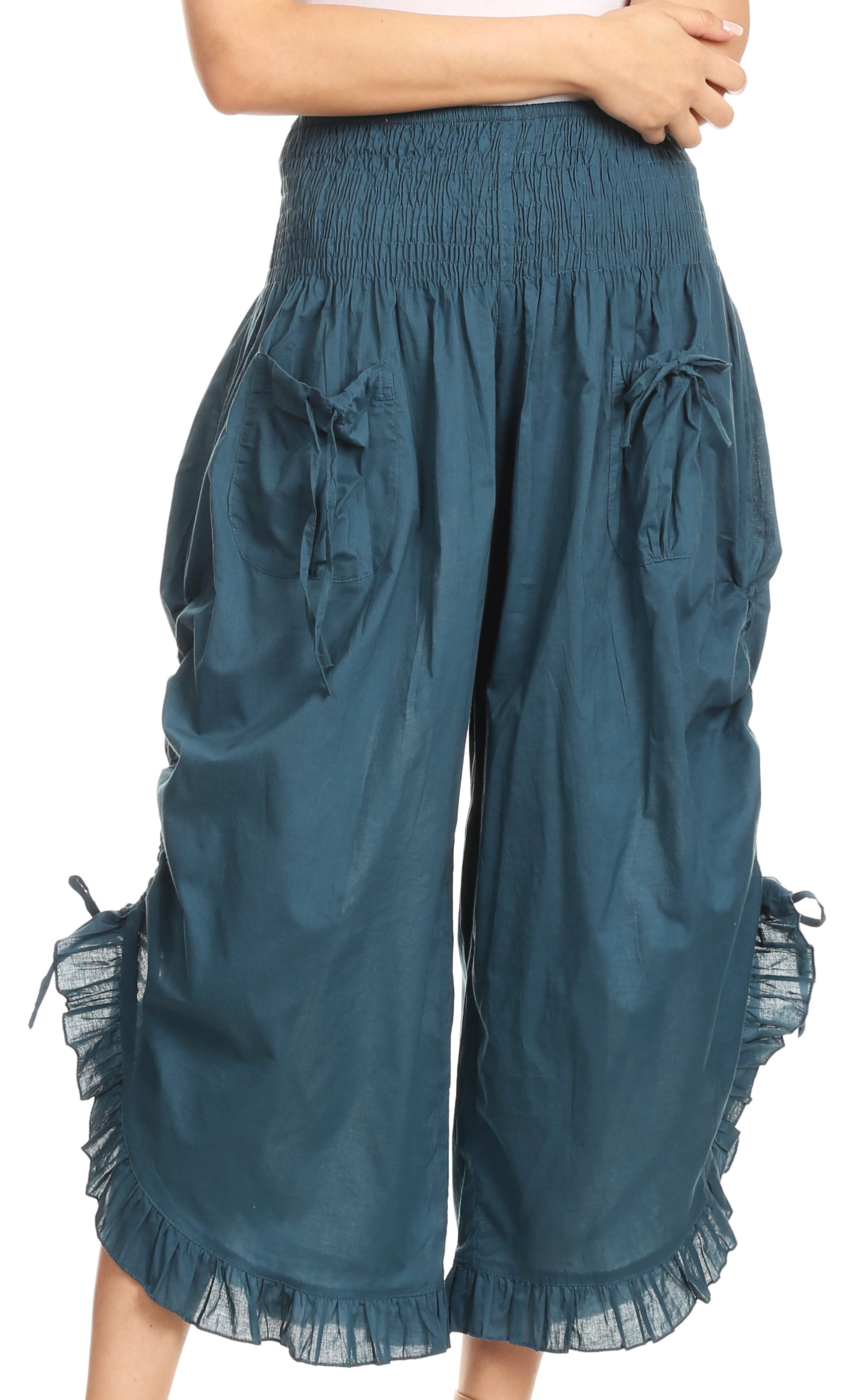 Sakkas Loore Womens Wide Leg Gaucho Pants Cotton with Pockets and Smock ...