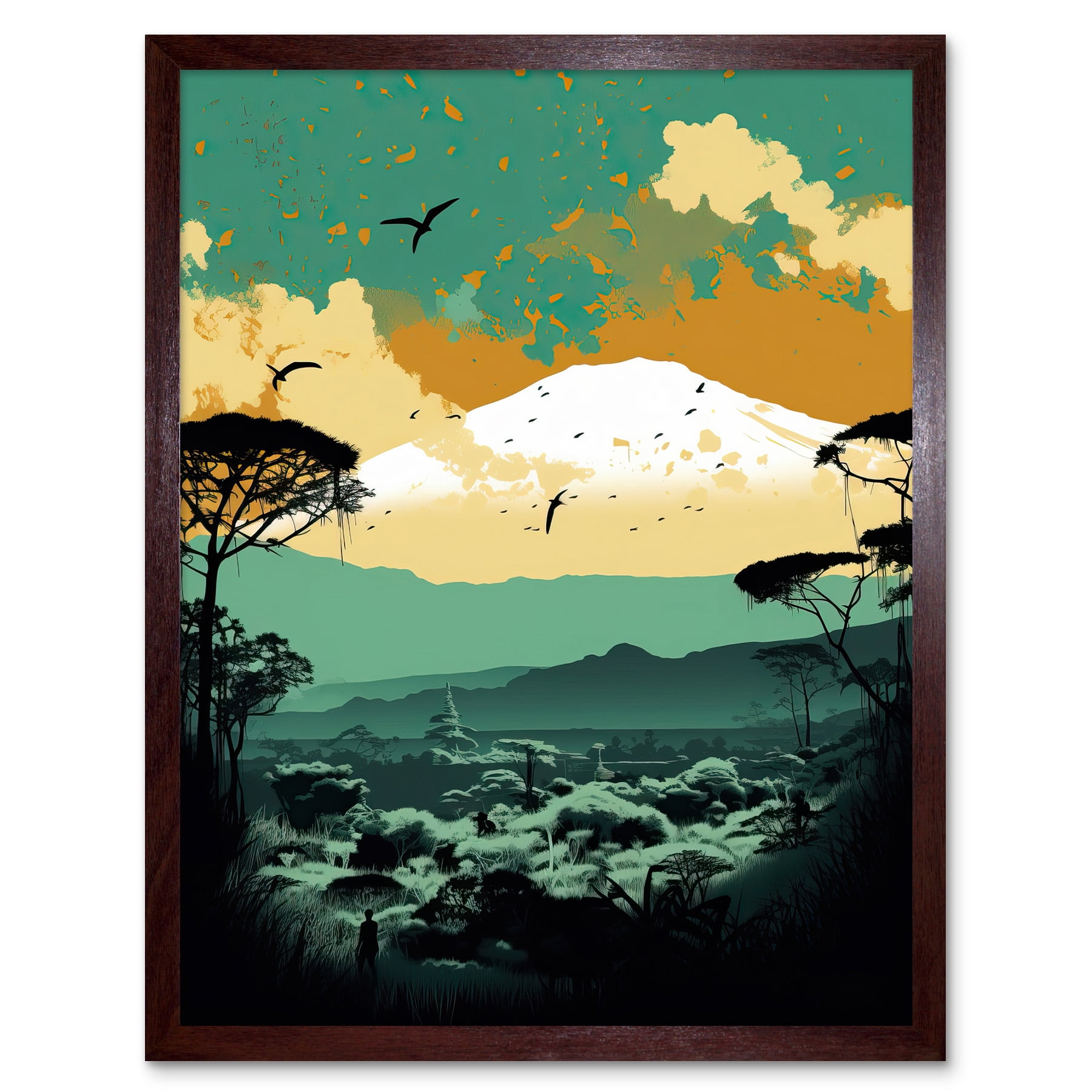Mount Fuji Sunrise Landscape in Teal Blue and Tan Art Print Framed ...