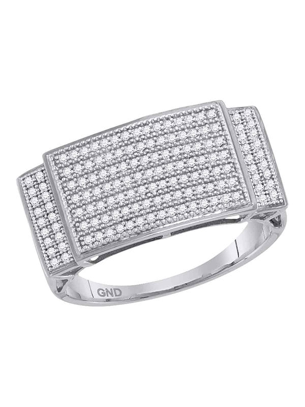 10kt White Gold Mens Round Pave-set Diamond Ring Rectangle Cluster 1/2 ...