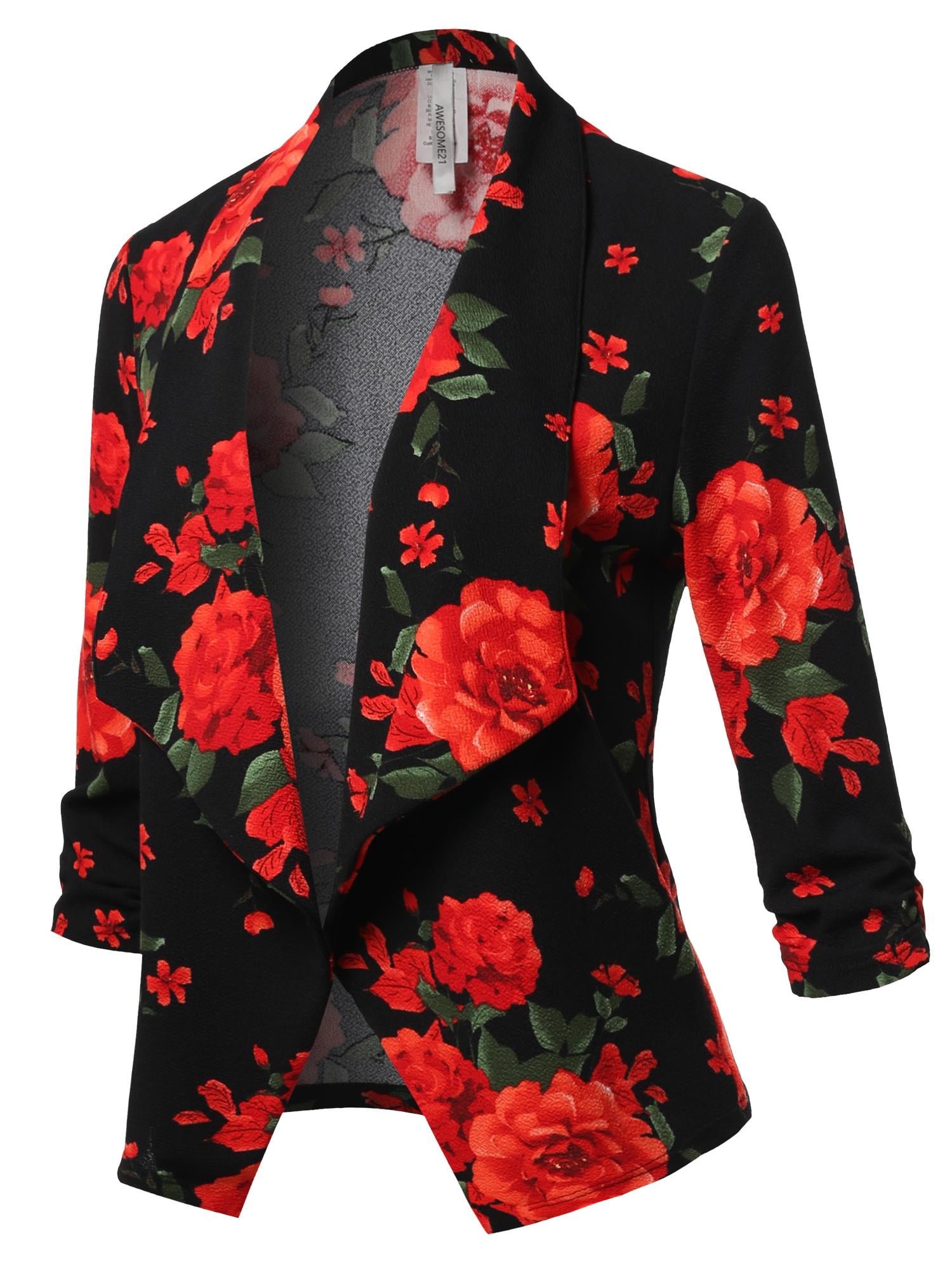 FashionOutfit Women's Stretch 3/4 Gathered Sleeve Open Blazer Jacket ...