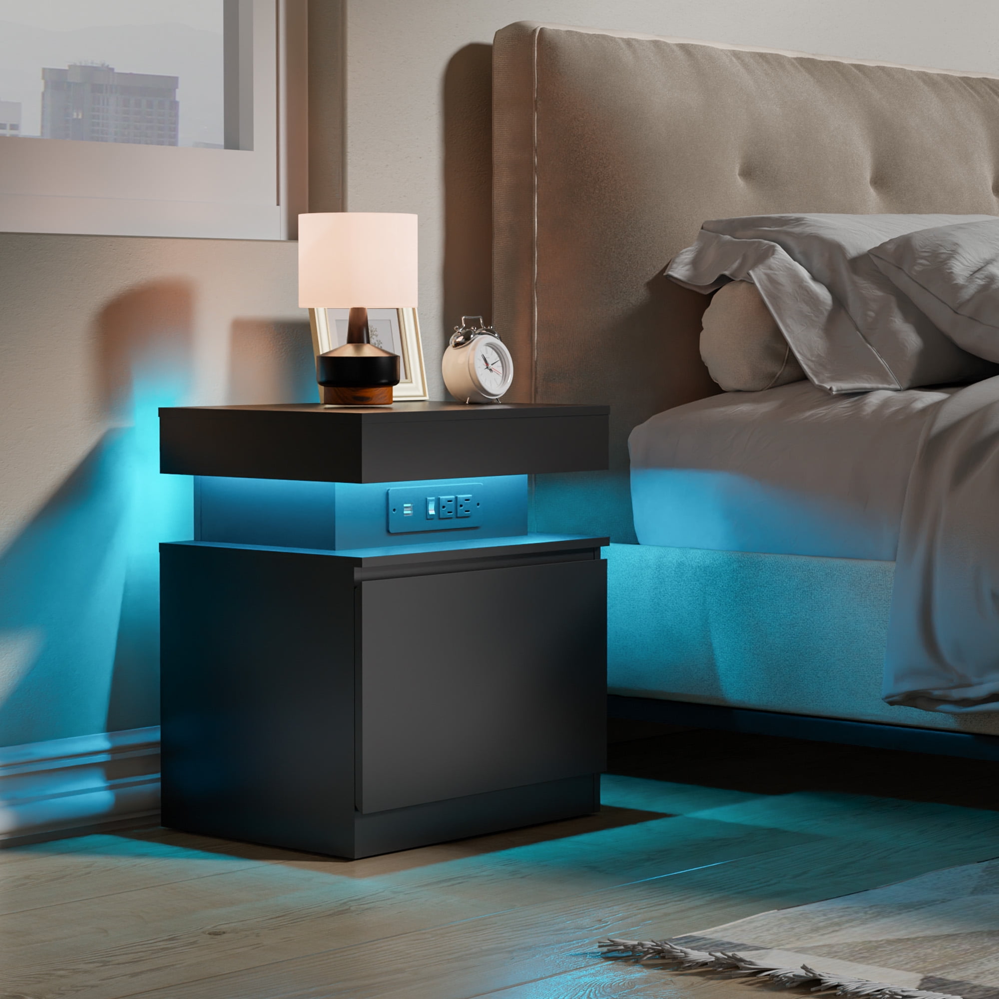 Cozy Castle Black LED Nightstand with LED Lights and Charging Station ...
