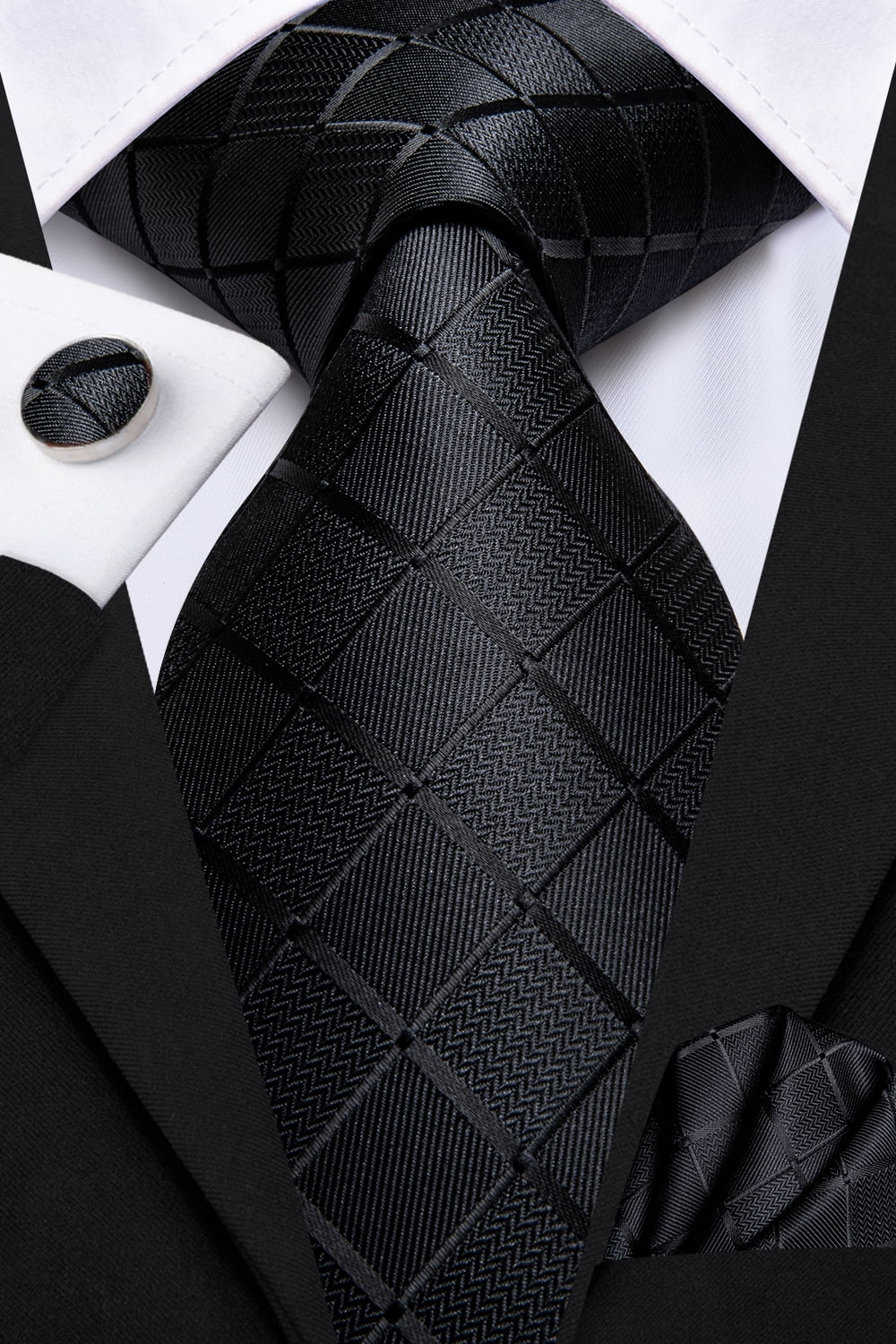 Hi-Tie Solid Black Plaid Silk Necktie Mens Tie with Hanky Cufflinks Set ...