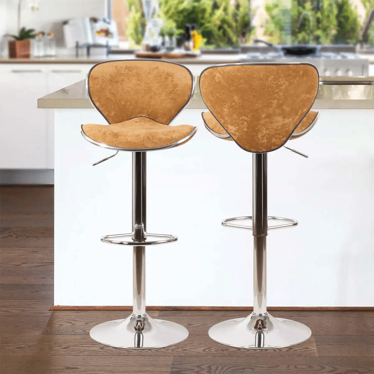MoNiBloom Set of 2 Velvet Adjustable Height Lift Bar Stools wit Curved ...